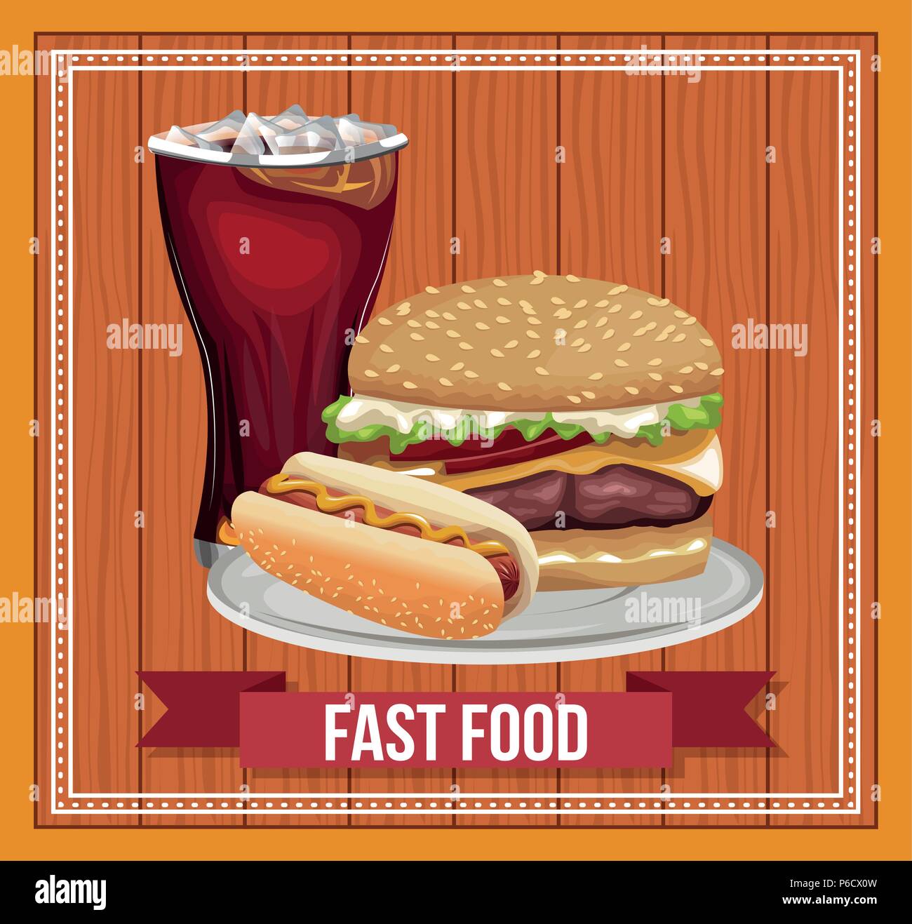 Fast food combo with ribbon banner over wooden background vector ...