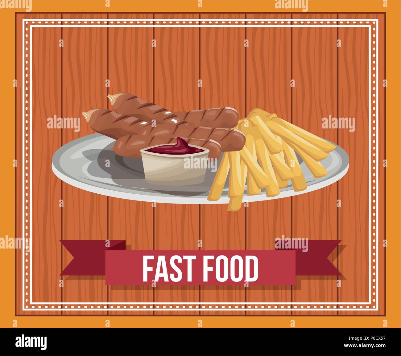 Fast food combo with ribbon banner over wooden background vector ...