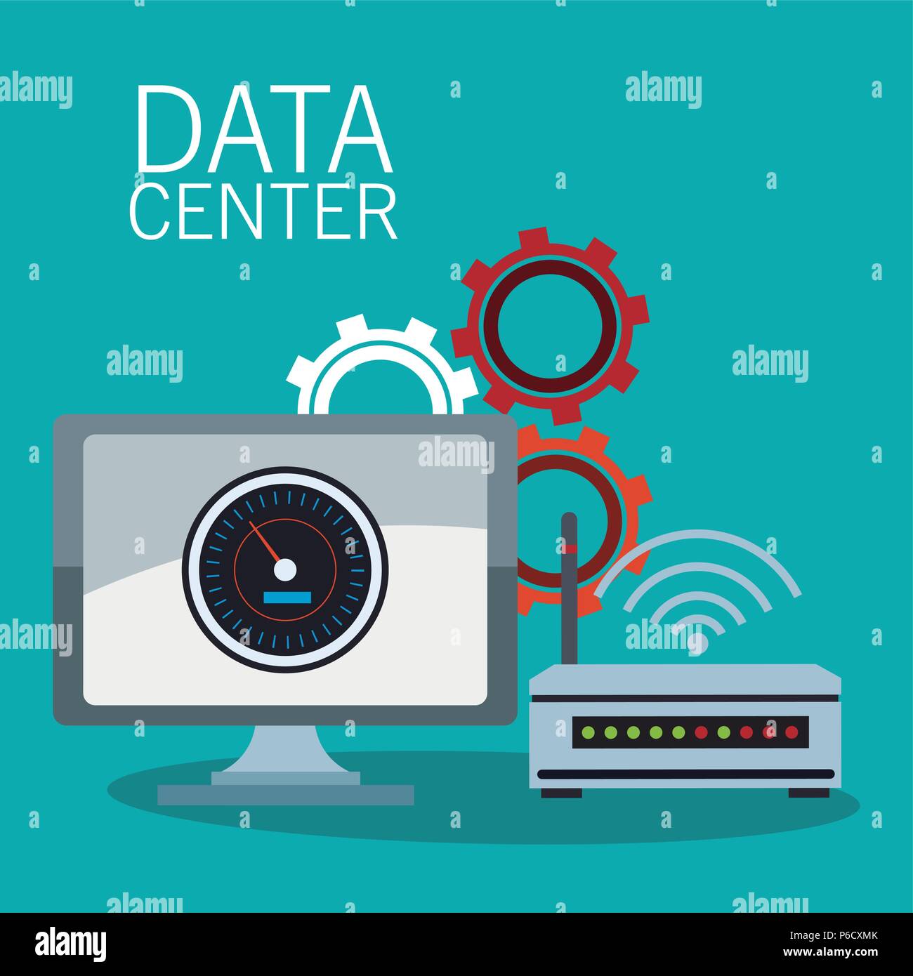 Data center technology computer screen gears vector illustration ...