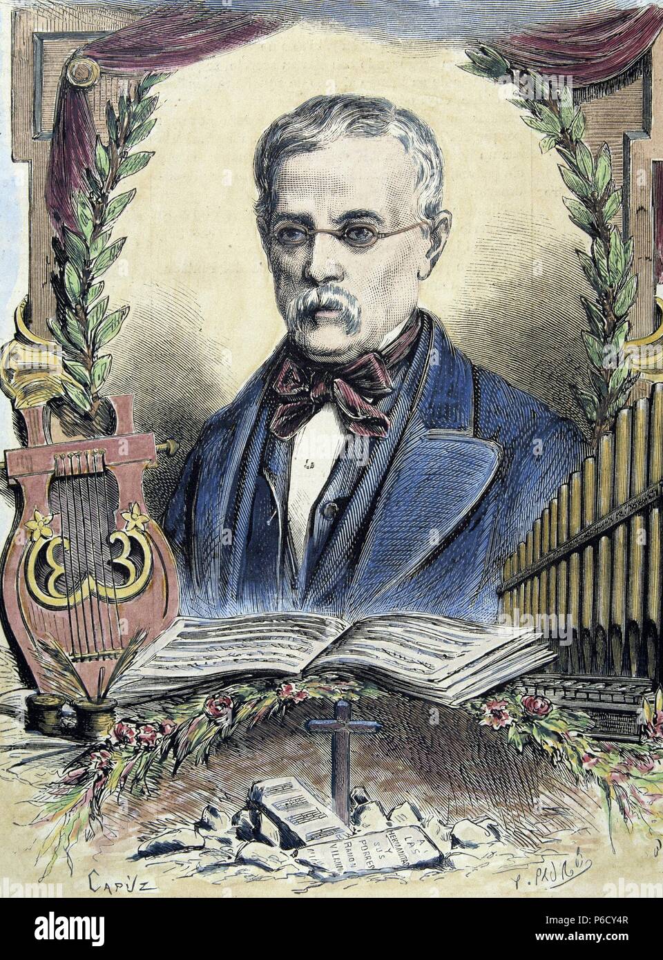 VILANOVA , RAMON. COMPOSITOR ESPAÑOL. 1801 - 1870. GRABADO COLOREADO ...