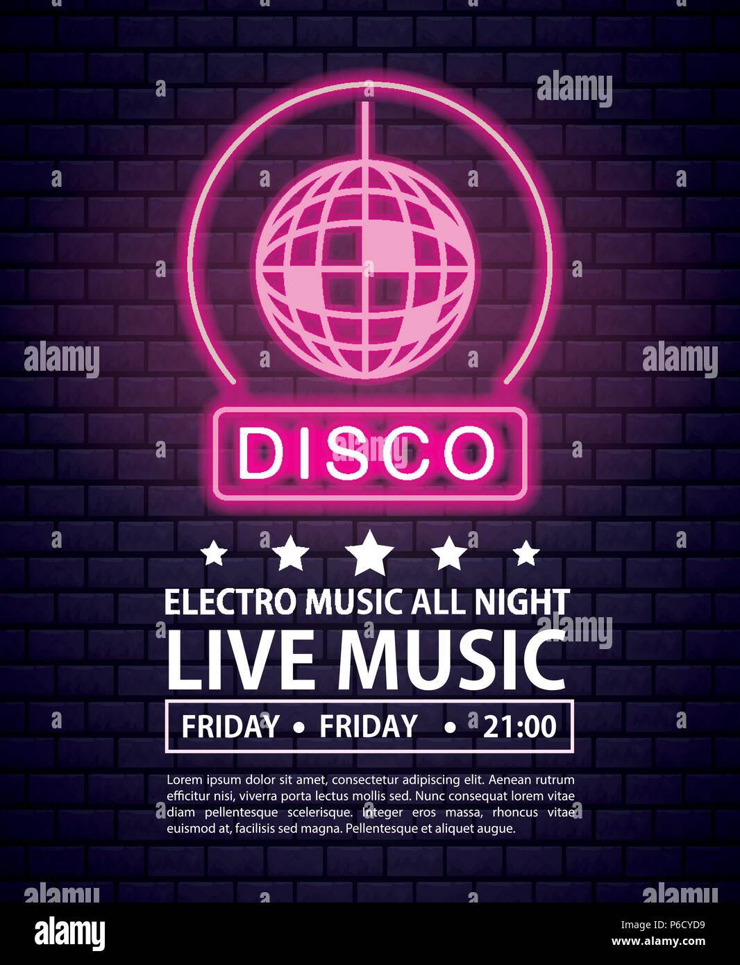 Disco electro music invitation poster neon lights colors vector ...