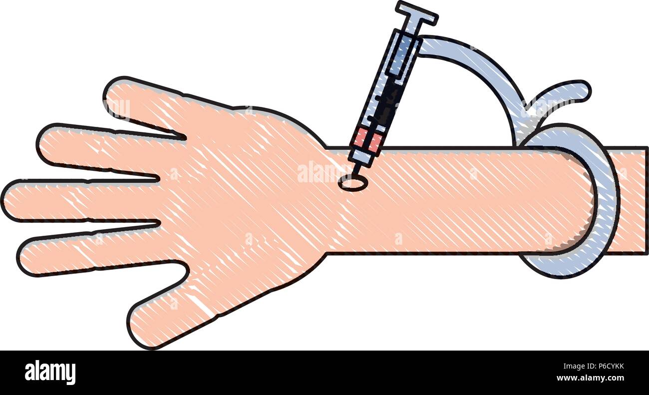 hand with a syringe for injection icon over white background, vector ...