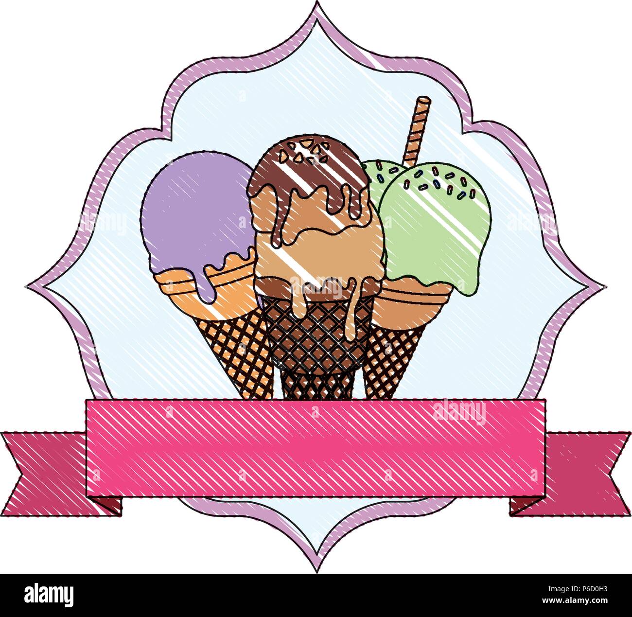 ice cream emblem with arabic frame and decorative ribbon over white ...