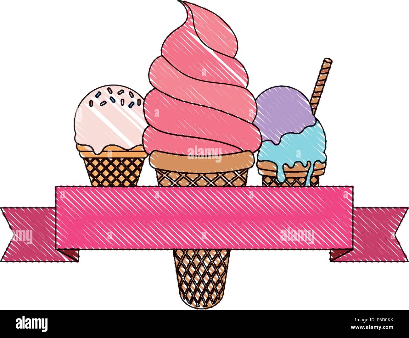 decorative ribbon with ice cream cones over white background, vector ...