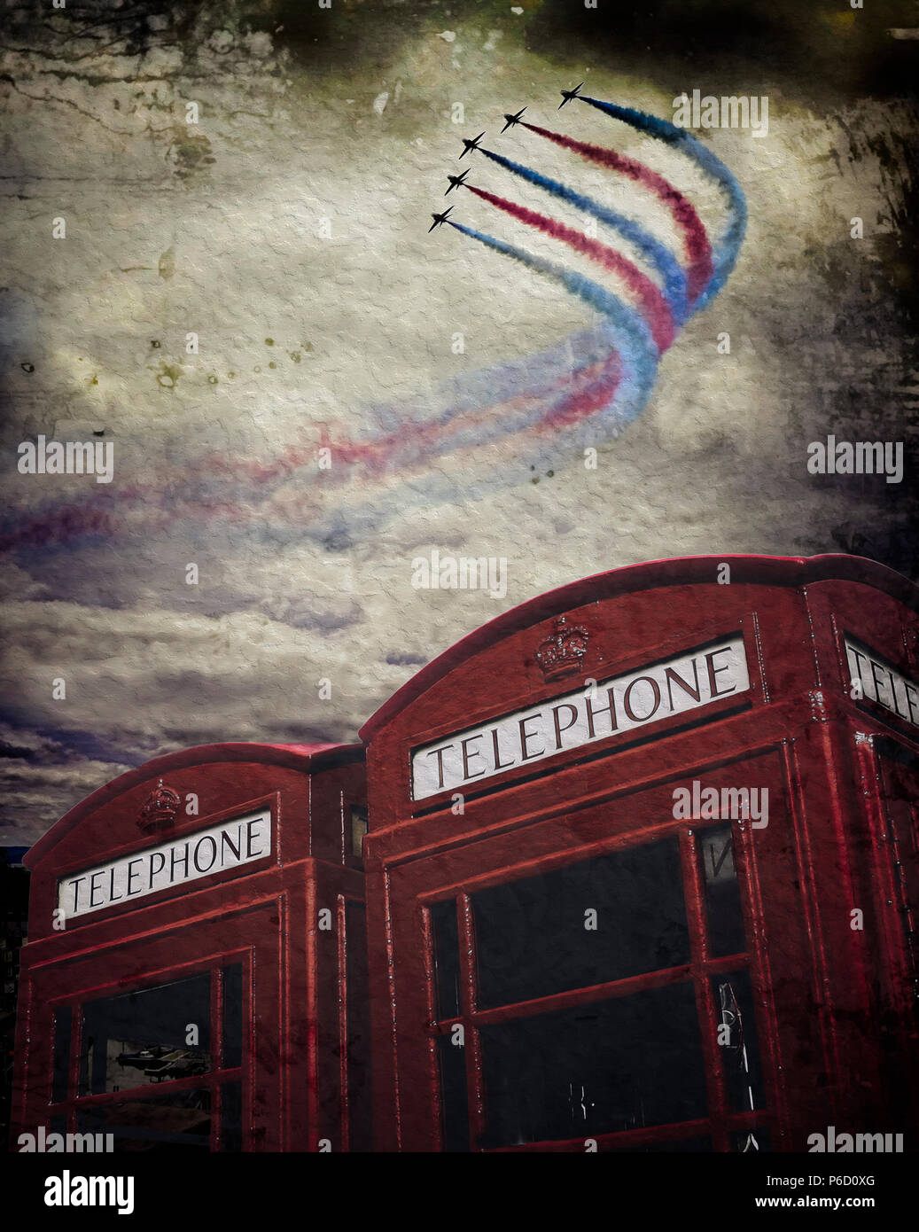 DIGITAL ART: The RAF Red Arrows over British telephone boxes Stock ...