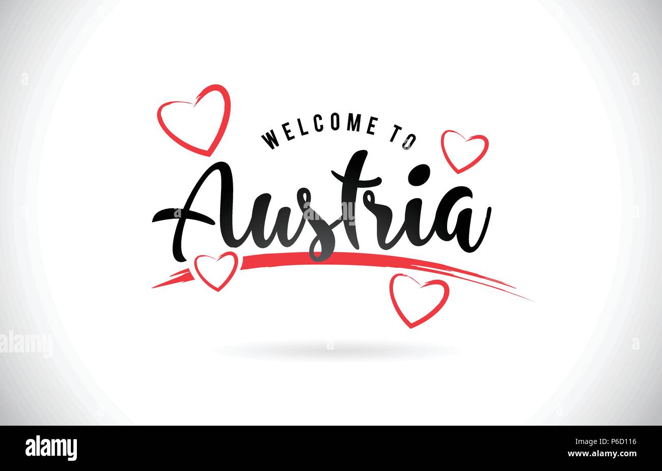 Austria Welcome To Word Text with Handwritten Font and Red Love Hearts ...