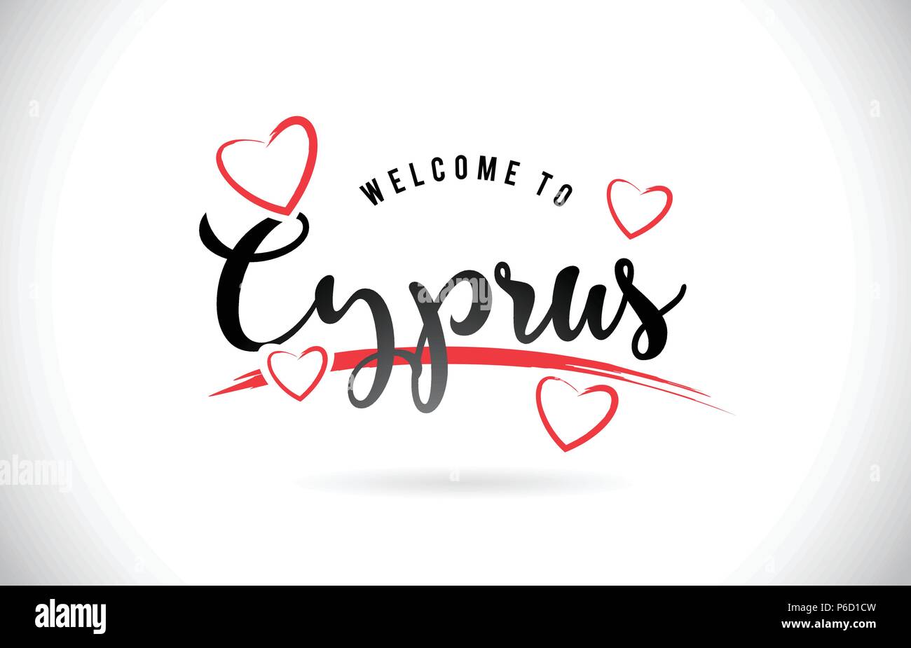 Cyprus Welcome To Word Text with Handwritten Font and Red Love Hearts ...