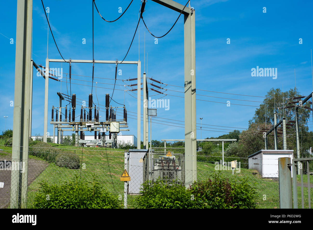 Substation in nature with electricity pylons in sunny weather Stock ...