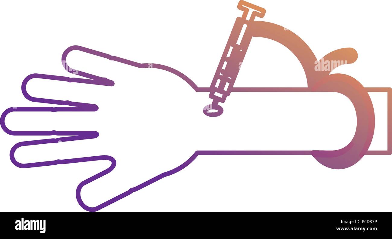 hand with a syringe for injection icon over white background, vector ...