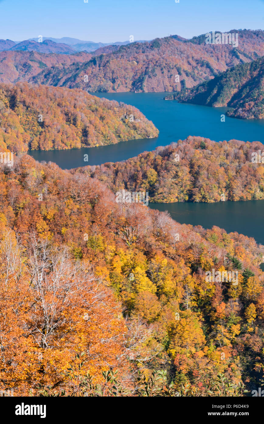 Autumn fall foliage Koyo in Tagokura dam Tadami city Fukushima Japan ...