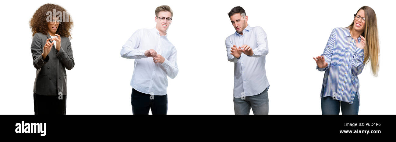 Team of business men and women disgusted expression, displeased and ...