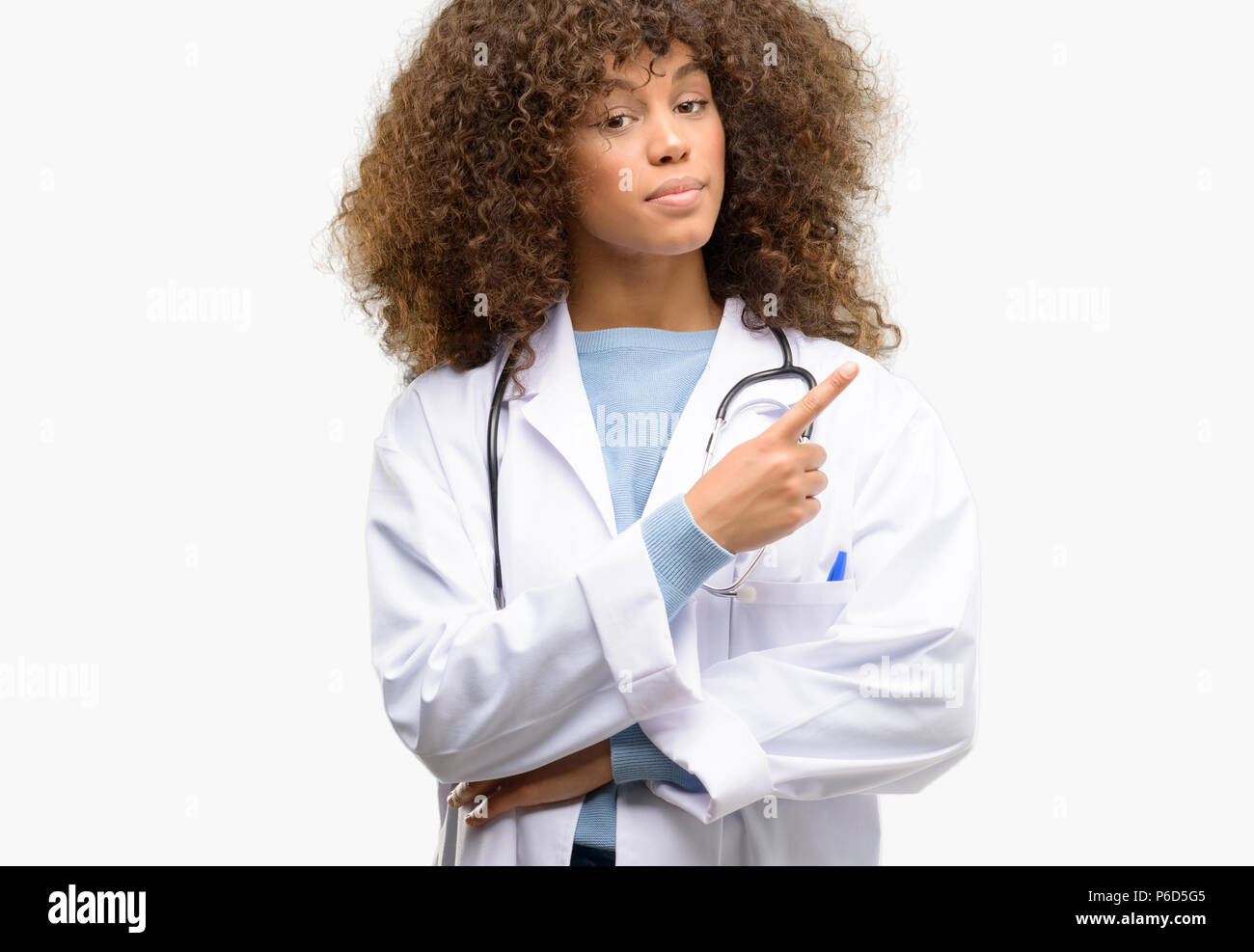 African american doctor woman, medical professional working pointing ...