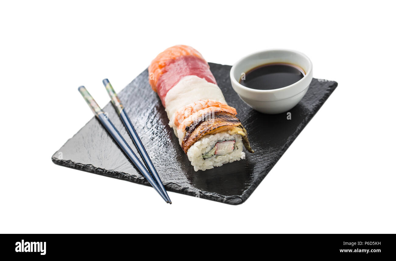 Roll sushi gold california with chopsticks and soy sauce isolated on ...