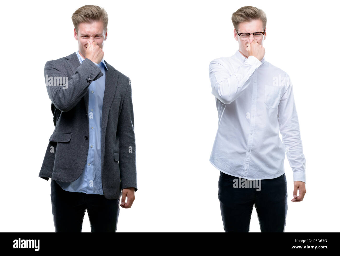 Young handsome blond business man wearing different outfits smelling ...