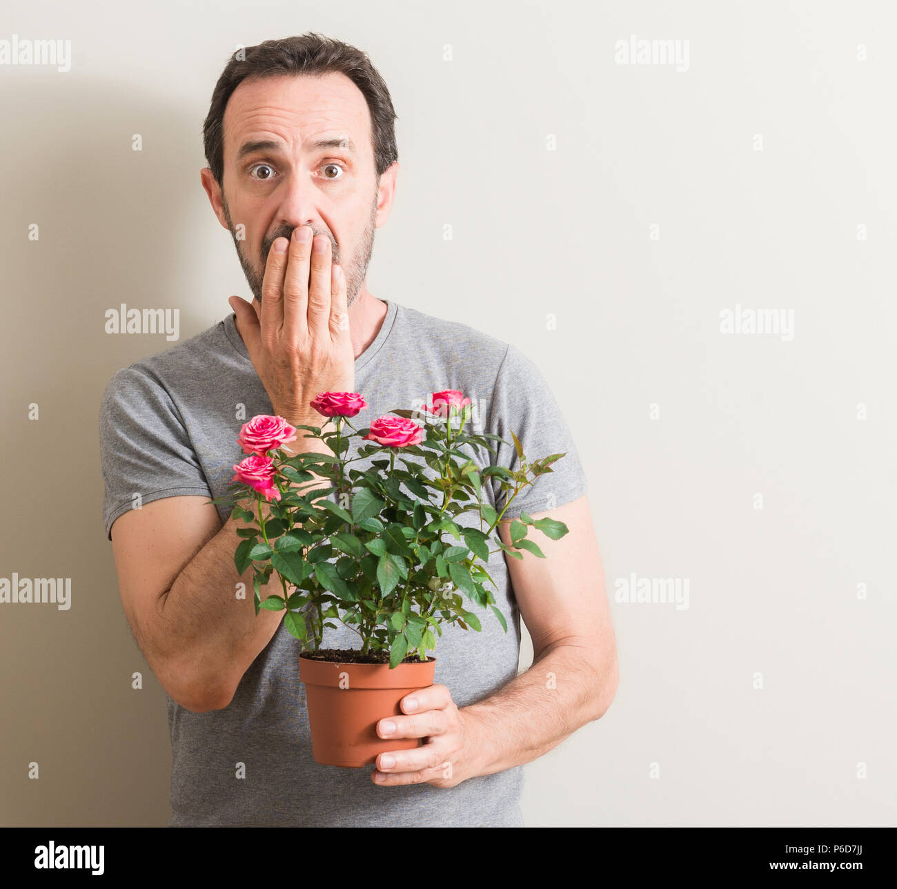 Senior man holding roses flowers on pot cover mouth with hand shocked ...