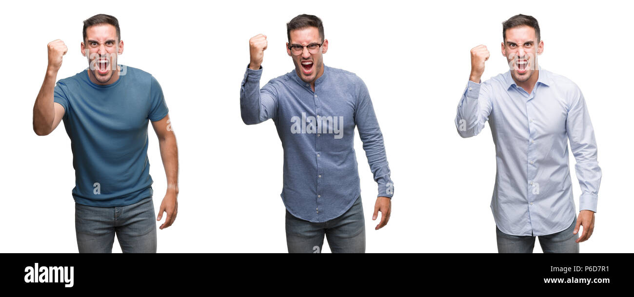Handsome young man wearing different outfits angry and mad raising fist ...