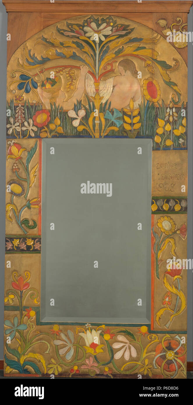 82 Émile Bernard - Mirror frame decorated with plants, flowers and two ...