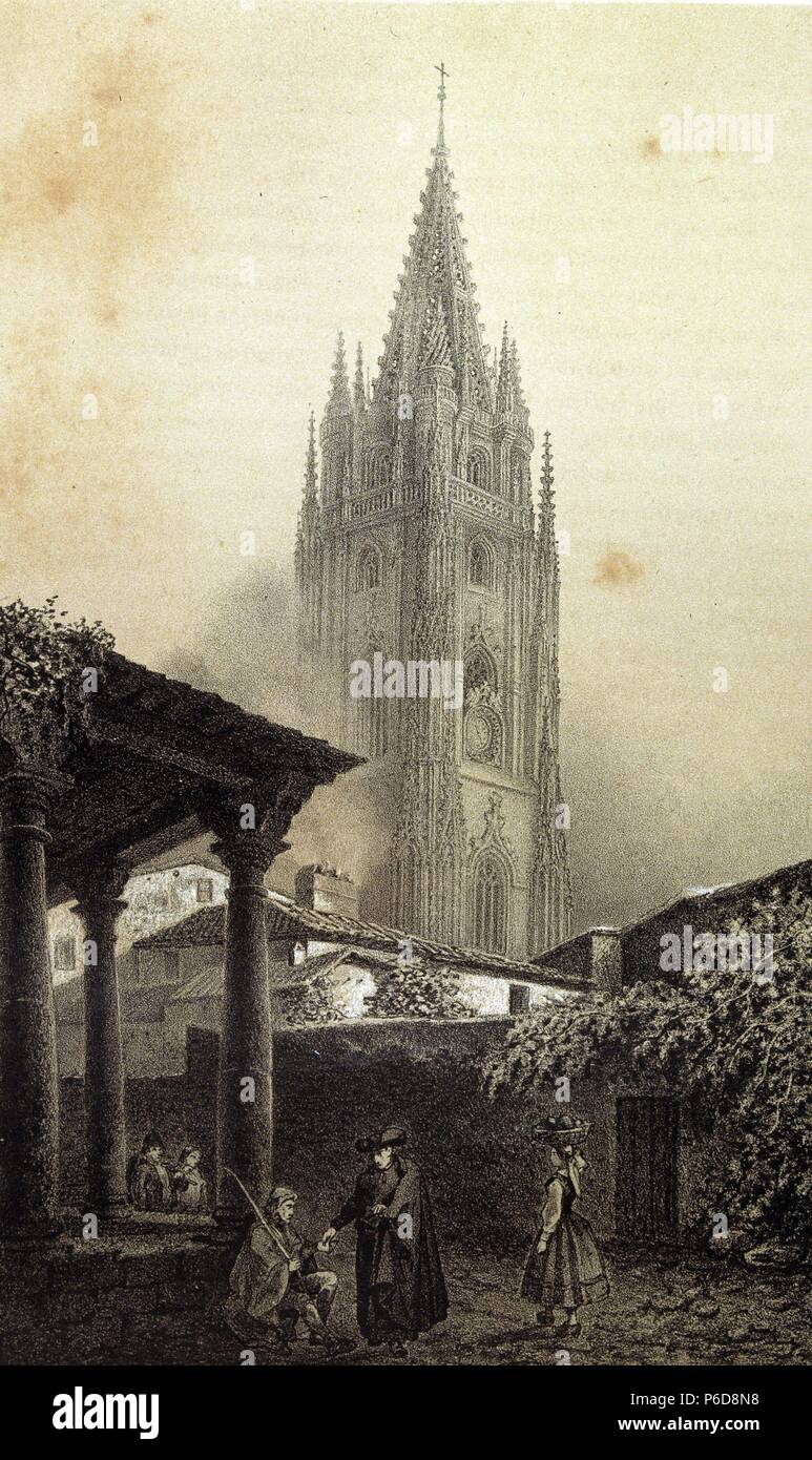 ASTURIAS. OVIEDO. TORRE DE LA CATEDRAL DE OVIEDO. GRABADO DE RECUERDOS ...