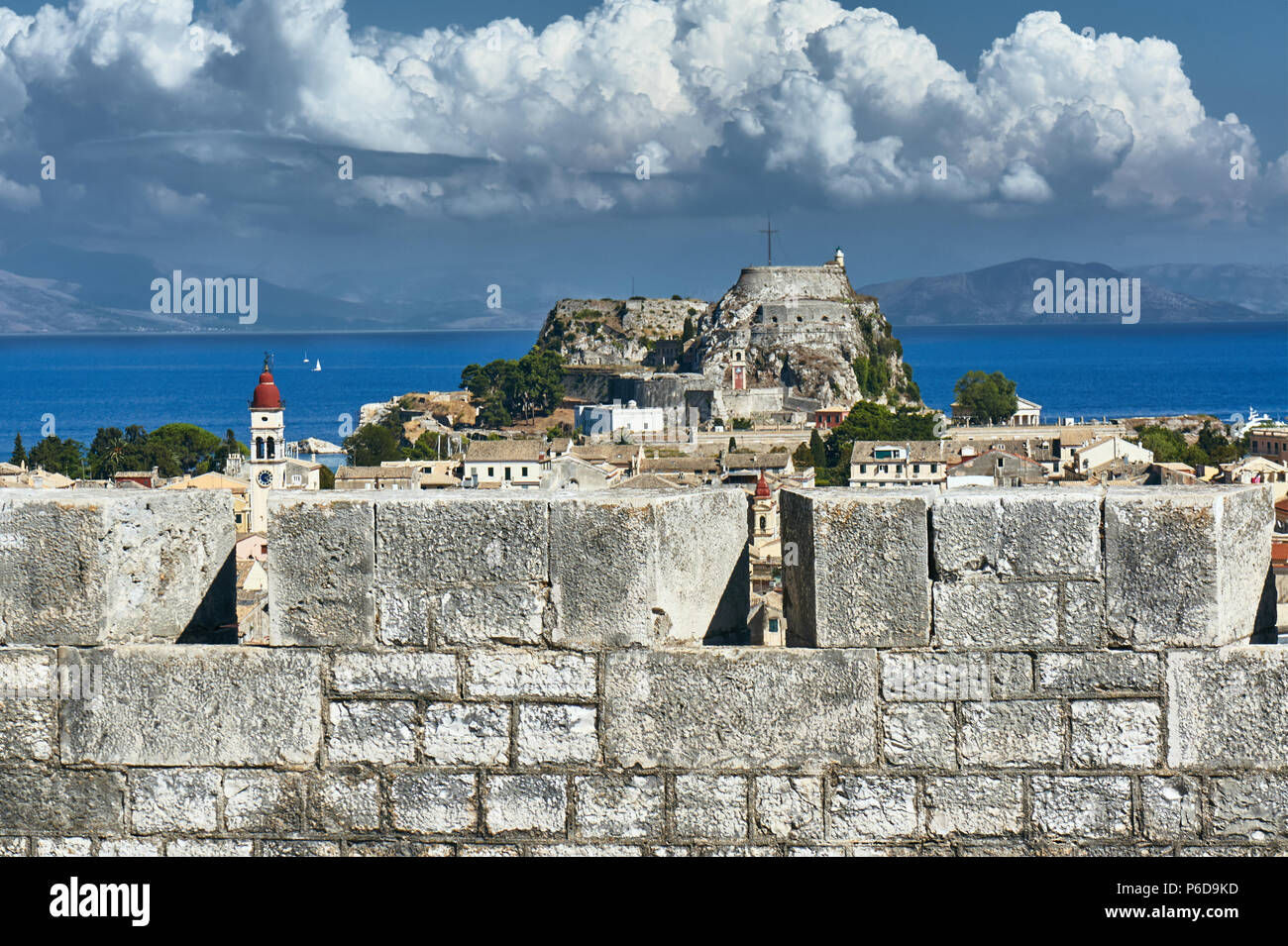 Wall of the medieval Venetian fortress and view of the city of Corfu ...