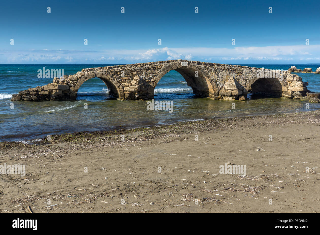 Seascape with medieval bridge in the water at Argassi beach, Zakynthos ...