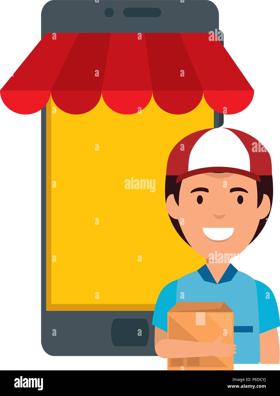 smartphone device with delivery worker vector illustration design Stock ...