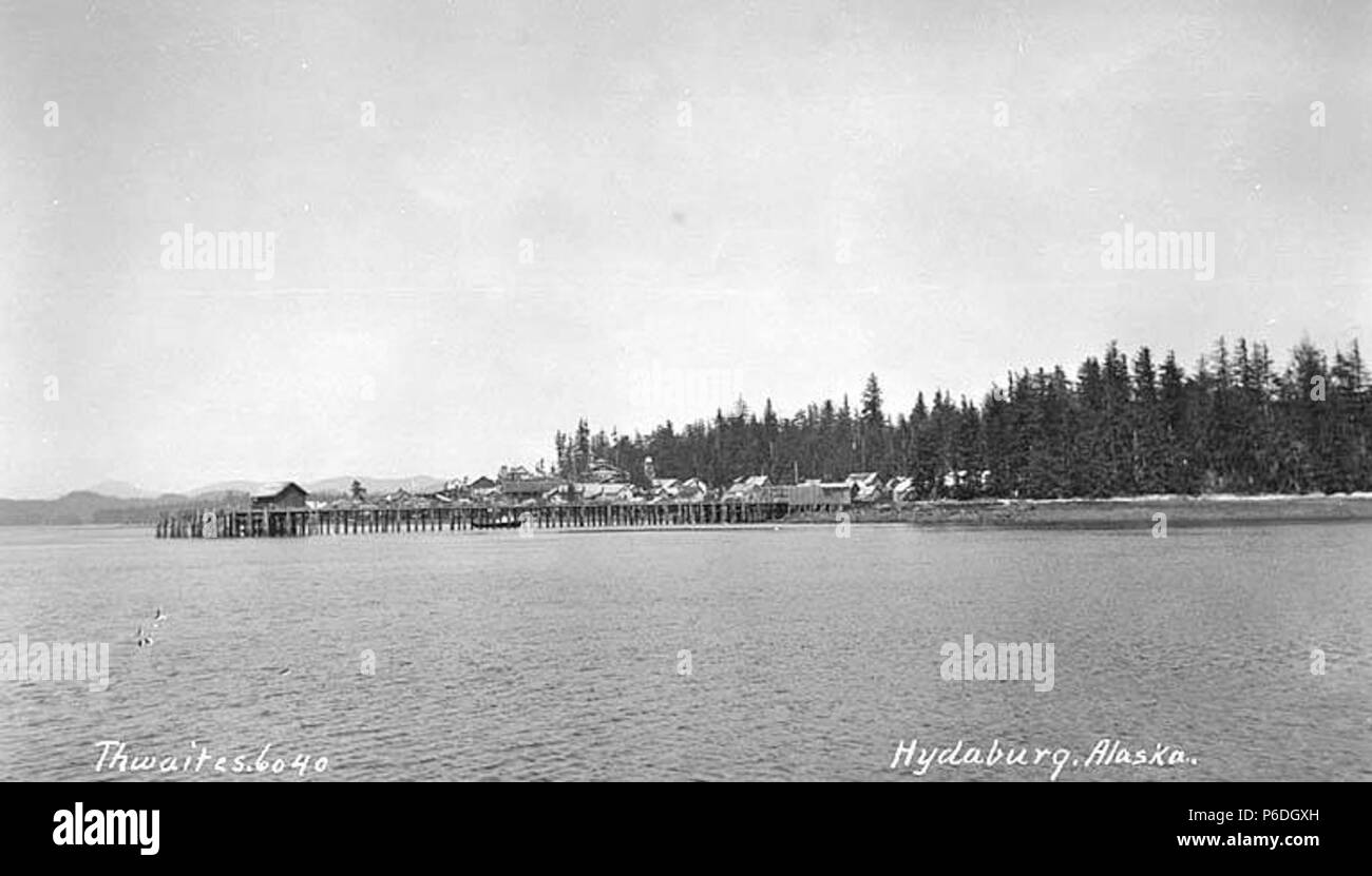 . English: Hydaburg from the water, ca. 1915 . English: Caption on ...