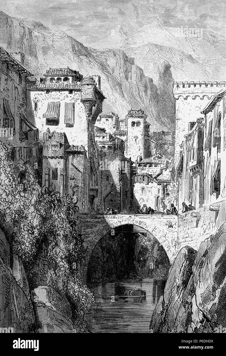 GRANADA. PASO DEL RIO DARRO POR LA CIUDAD. DIBUJO DE GUSTAVO DORE ...