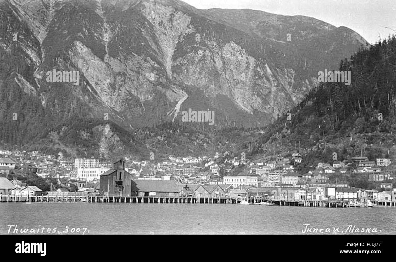 . English: Juneau from the water, ca. 1912 . English: Caption on image ...