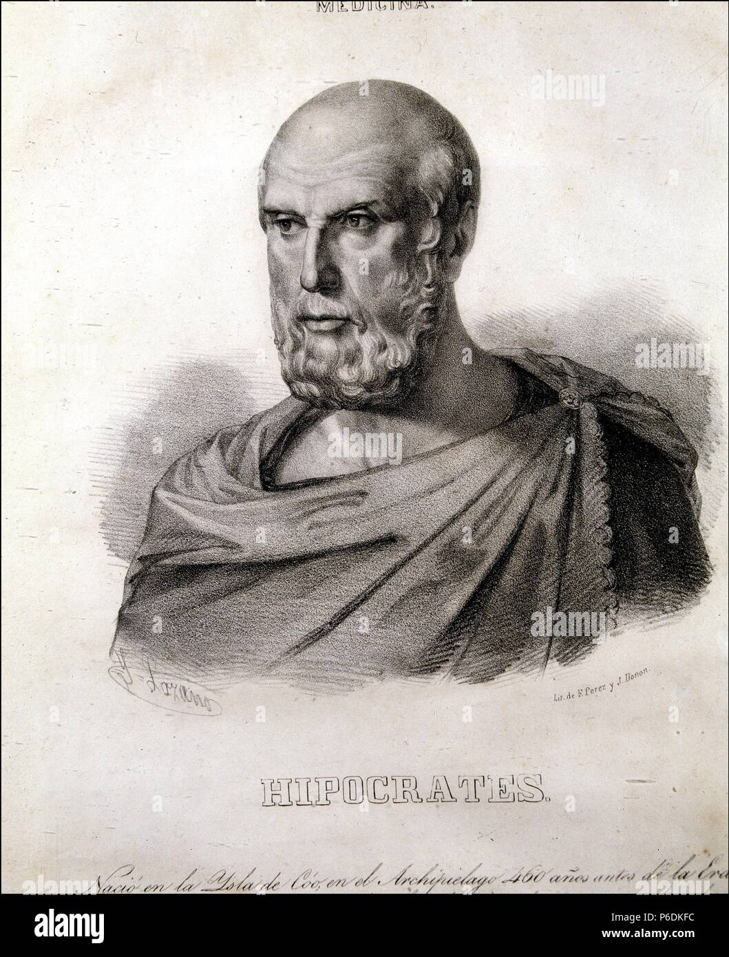 HIPOCRATES. MEDICO GRIEGO. 460-377 AC. LITOGRAFIA DE N.DONON CON DIBUJO ...