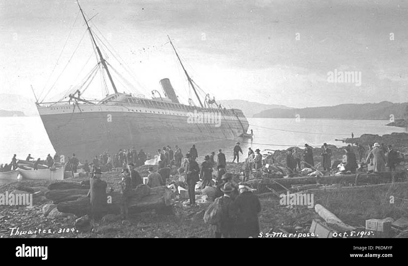 . English: Passengers on shore beside wreck of steamer MARIPOSA, Fitz ...