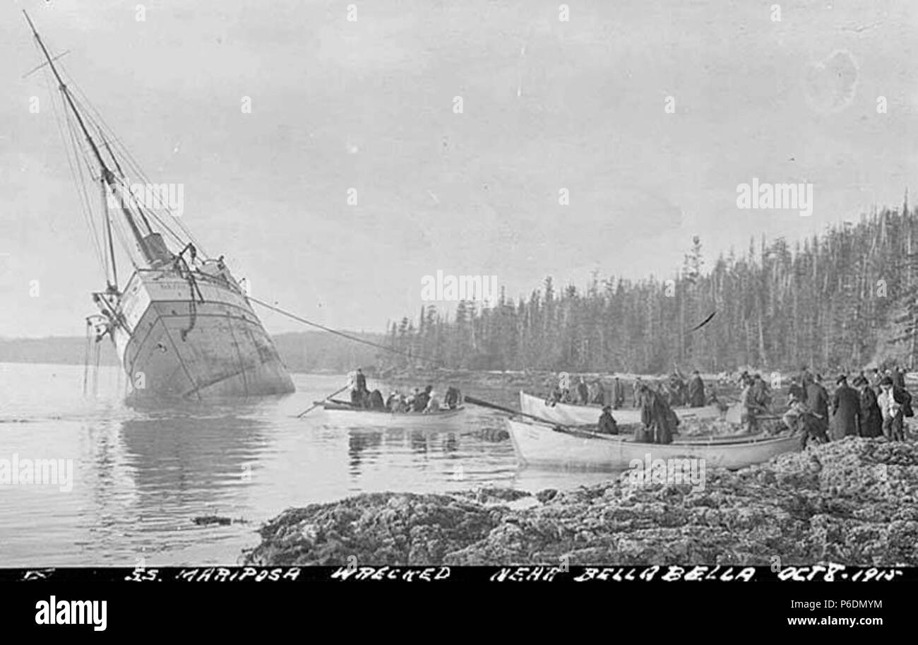 . English: Passengers boarding rescue boats beside wreck of steamer ...