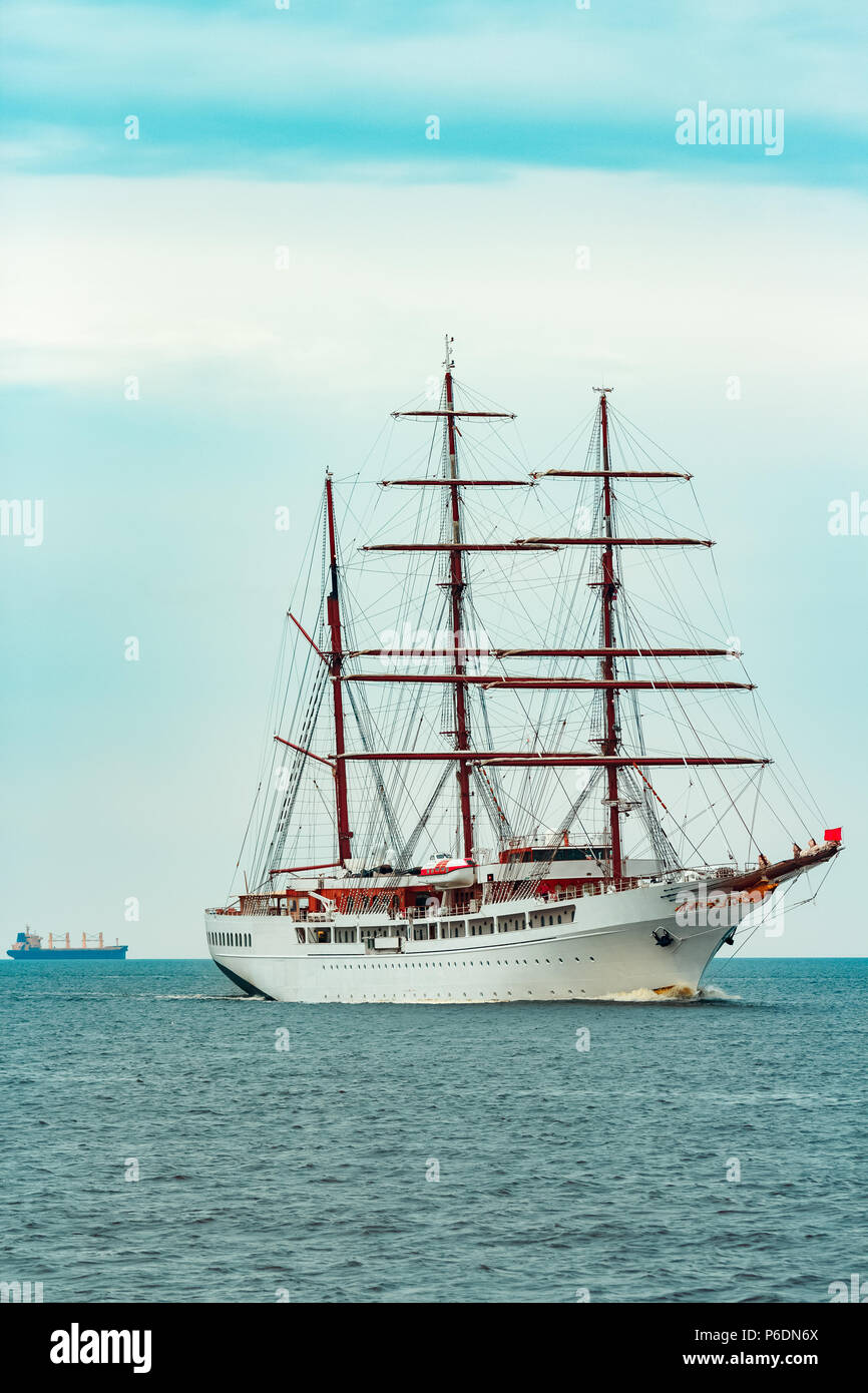 Big white sailing ship with three mast moving to the Riga port Stock ...