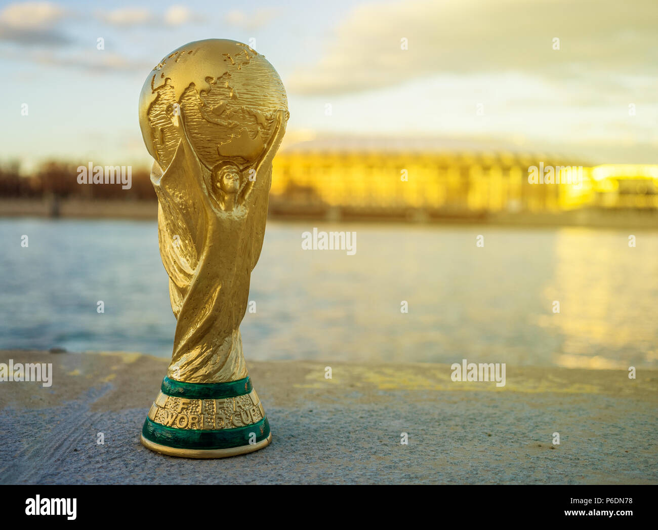 April 13, 2018 Moscow, Russia Trophy of the FIFA World Cup against the ...