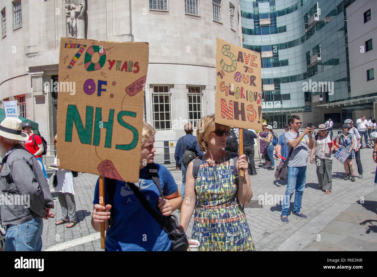 London, UK, 30 June 2018. Demonstrators at the NHS's 70th Birthday at ...