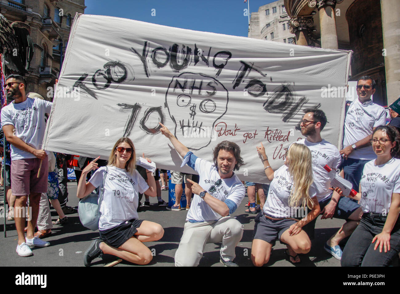 London, UK, 30 June 2018. Demonstrators at the NHS's 70th Birthday at ...