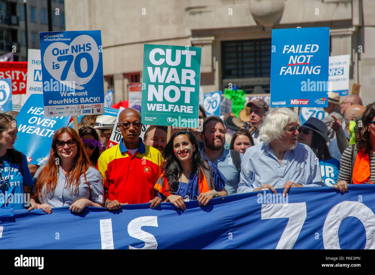 London, UK, 30 June 2018. Demonstrators at the NHS's 70th Birthday at ...