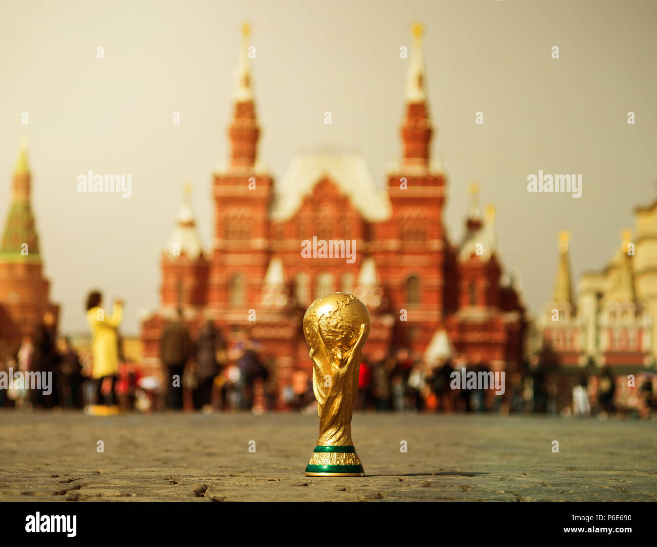 April 16, 2018 Moscow. Russia Trophy of the FIFA World Cup and official ...