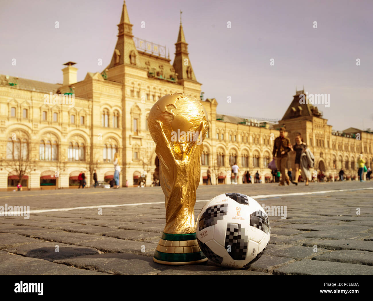April 16, 2018 Moscow. Russia Trophy of the FIFA World Cup and official ...