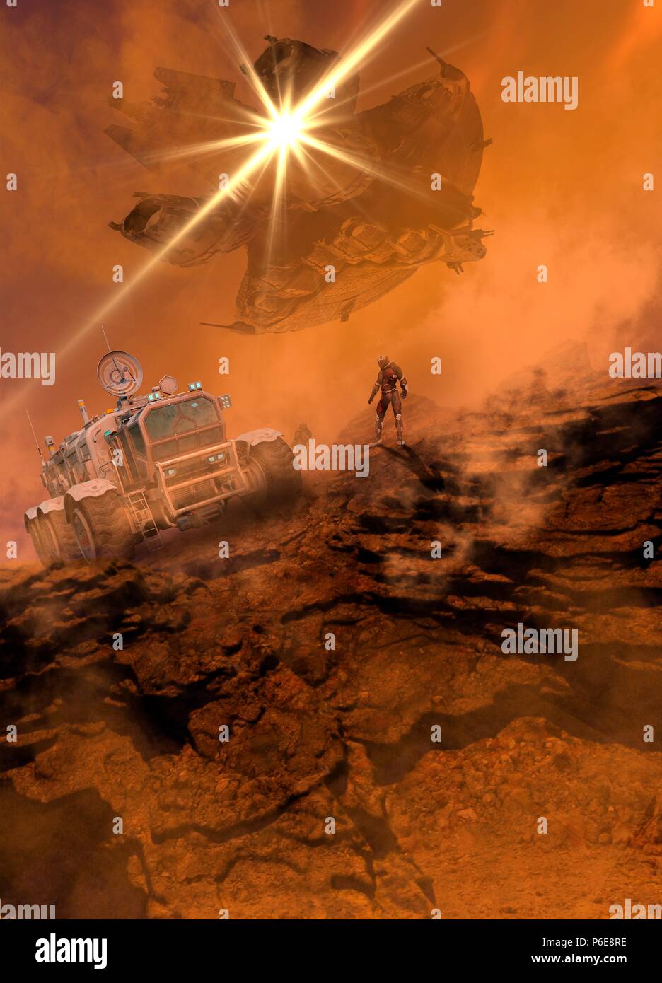 Vehicle and robot on planet surface, illustration Stock Photo - Alamy