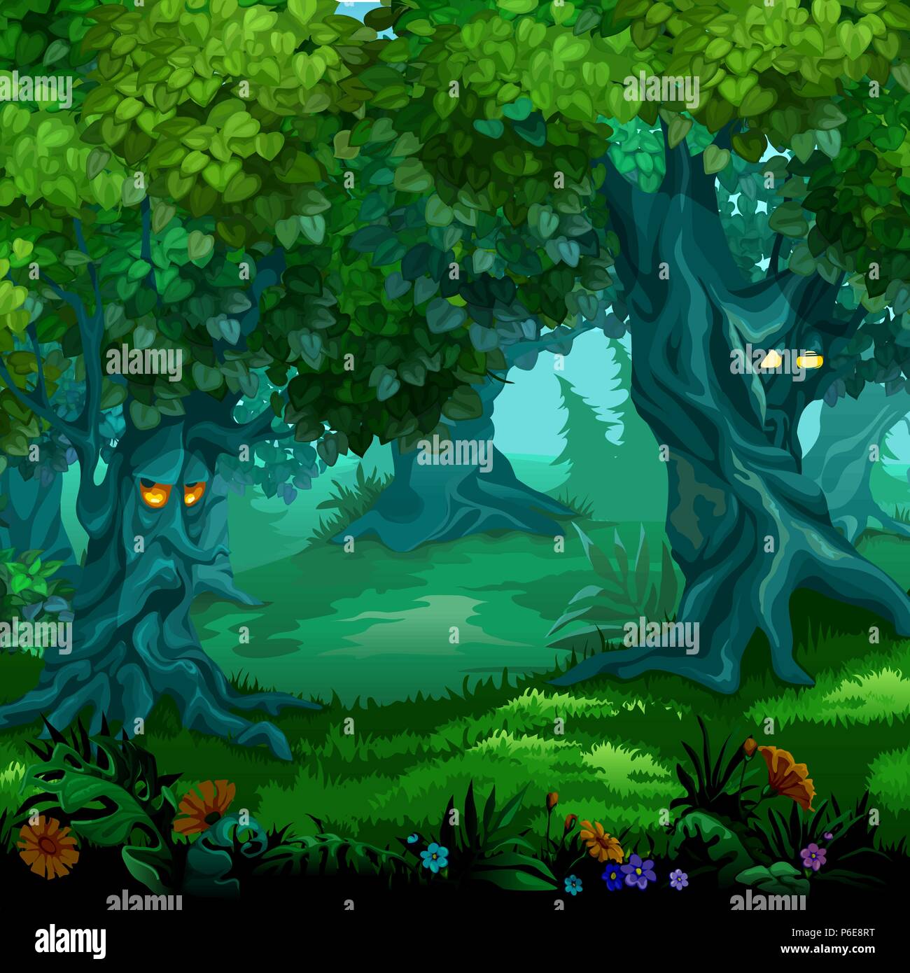 Forest of magic. Moving trees. Vector cartoon close-up illustration ...
