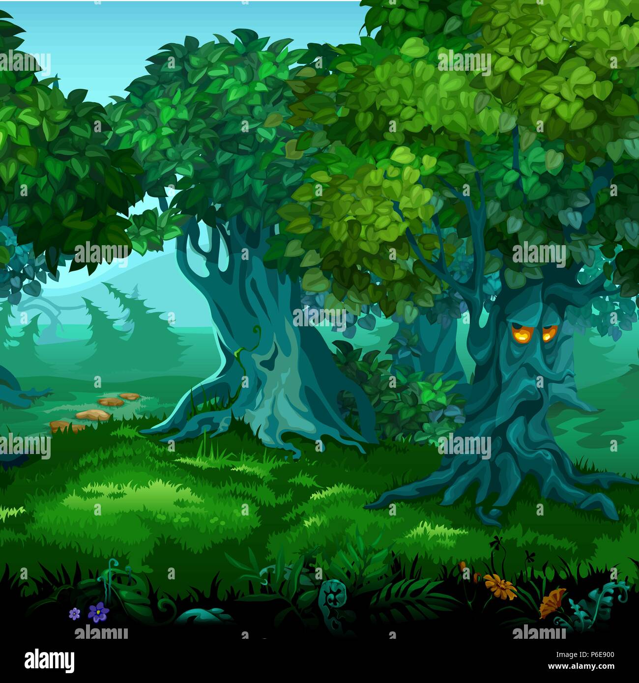 Forest of magic. Moving trees. Vector cartoon close-up illustration ...