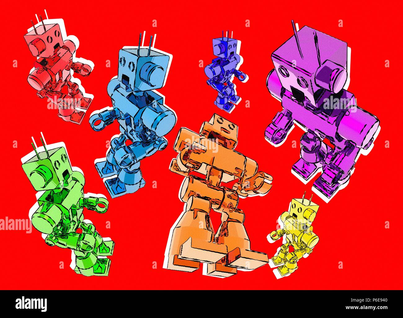 Robots against a red background, illustration Stock Photo - Alamy