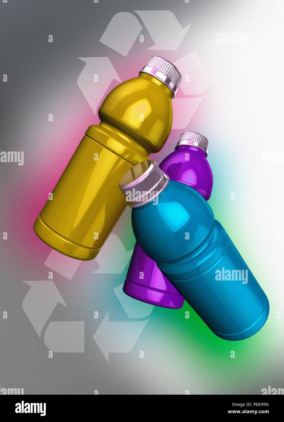Plastic bottles and recycling symbols, illustration Stock Photo - Alamy