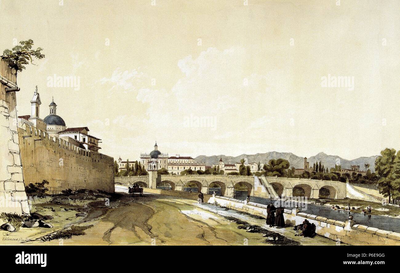 VALENCIA. VISTA PARCIAL Y RIO TURIA. DIBUJO DE GEORGE VIVIAN. LONDRES ...