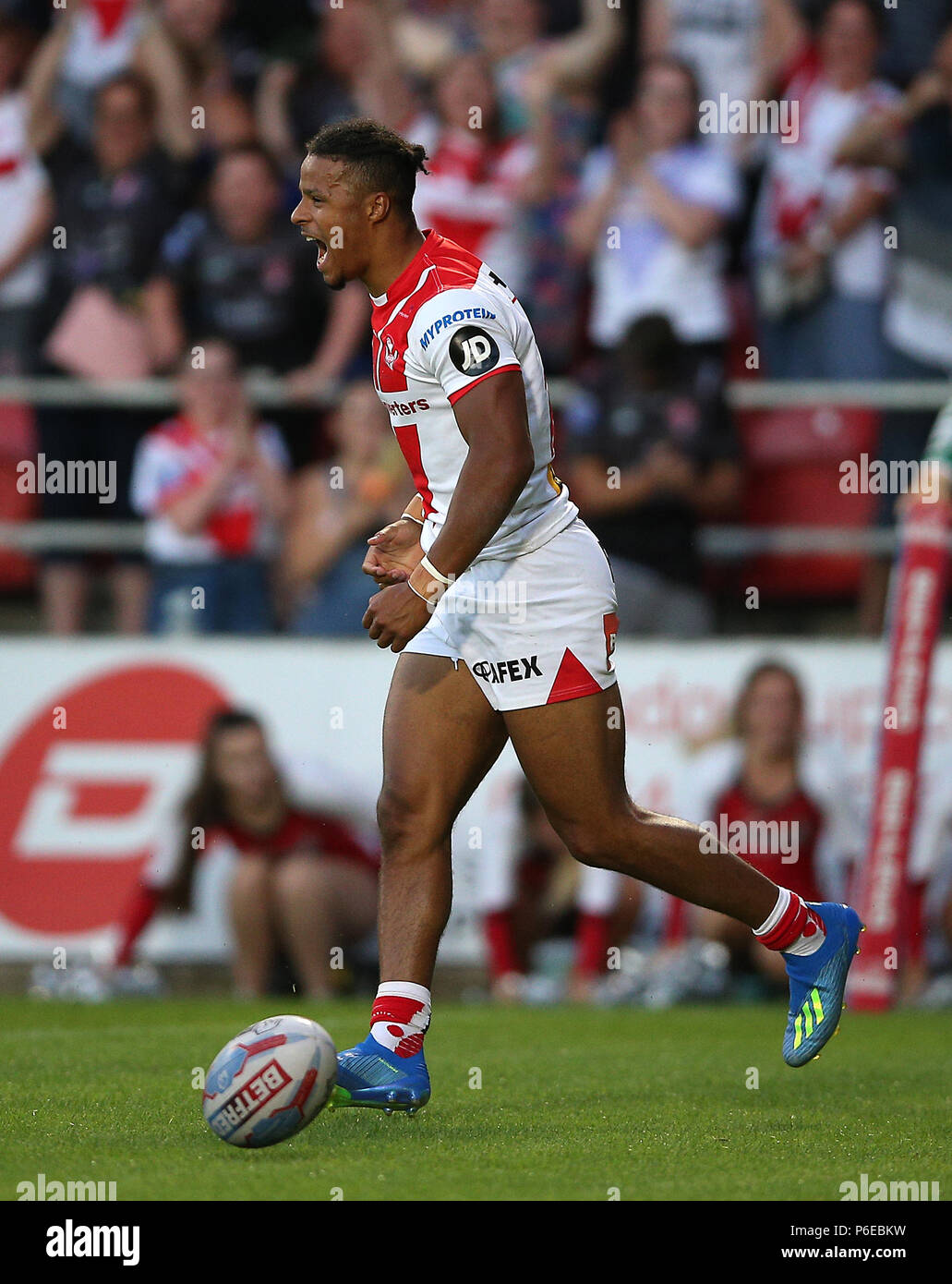 St Helens Regan Grace celebrates after scoring his sides fourth try of ...