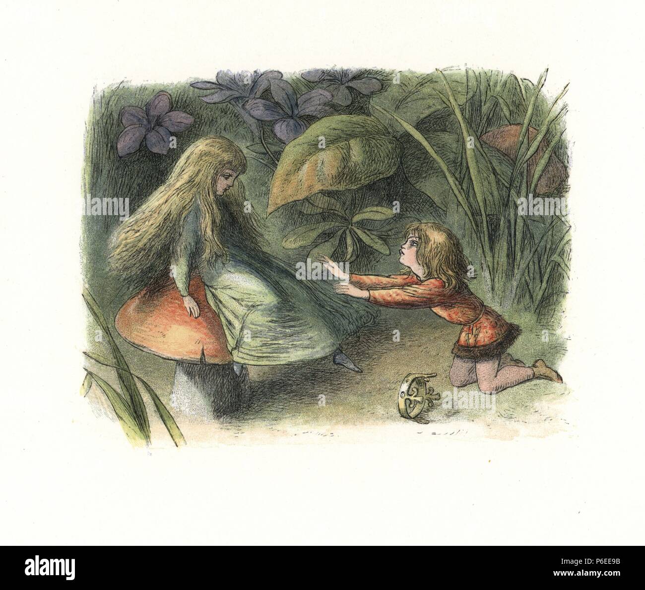 Elf prince rejected by a fairy on a toadstool. Handcoloured woodblock ...