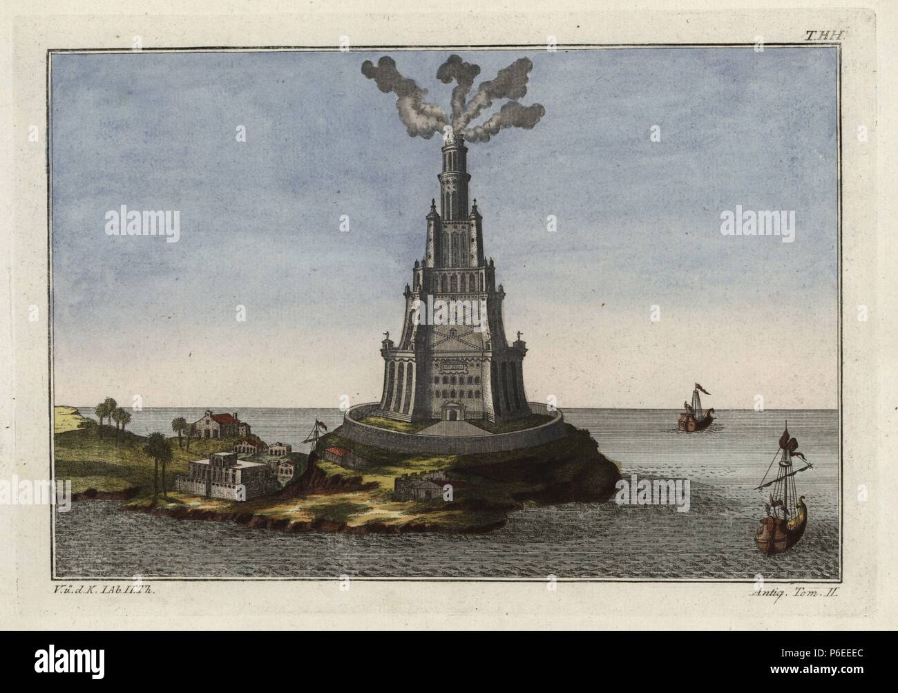 The lighthouse at Alexandria, Egypt. Handcolored copperplate engraving ...