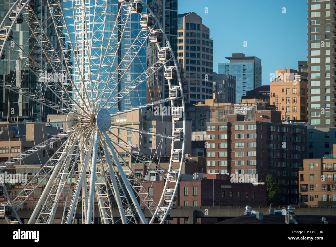 The view of the Seattle Great Wheel from Elliott Bay on board a ferry ...
