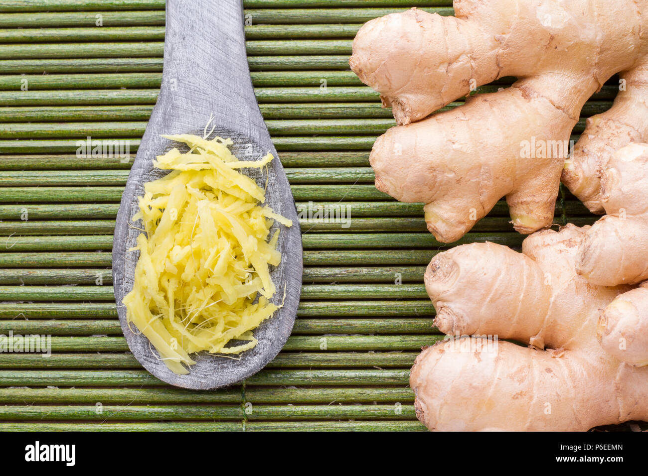 ginger roots on the table, top view Stock Photo - Alamy
