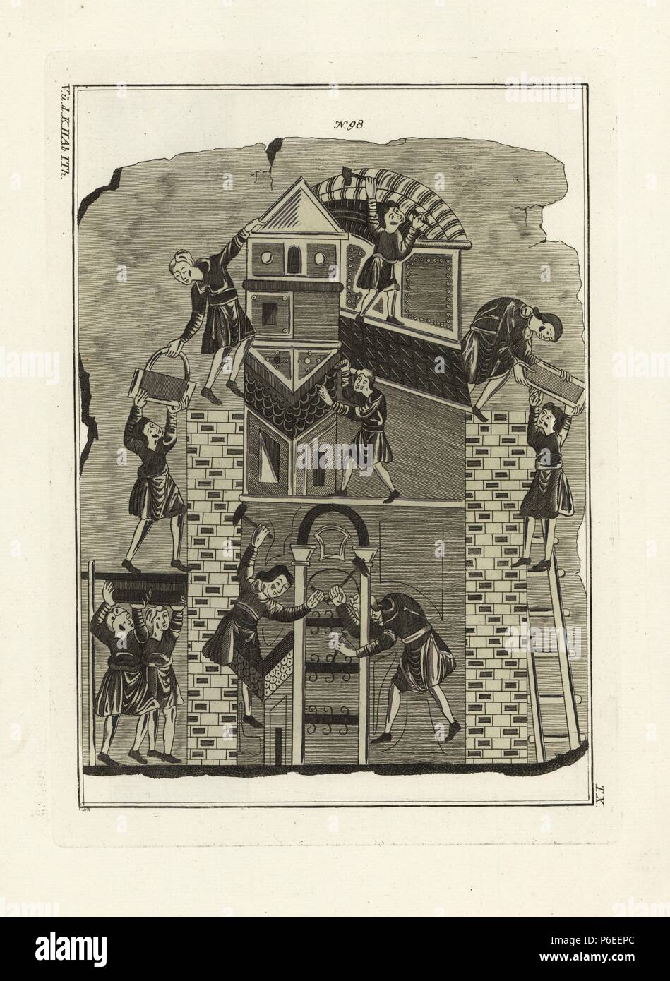 Anglo Saxon builders working on a house. Handcoloured copperplate ...